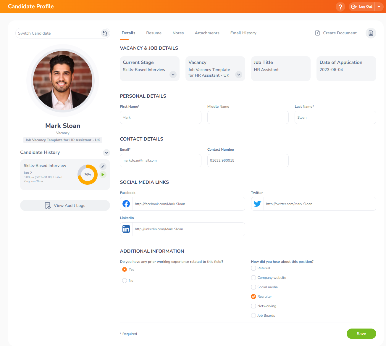 How to view and manage a candidate profile – OrangeHRM