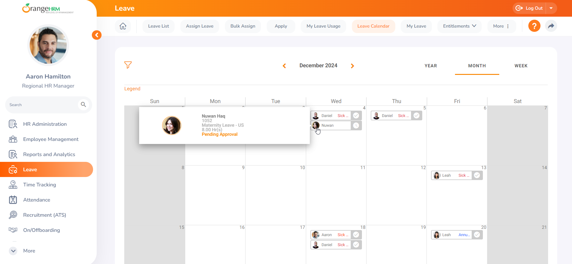 Leave calendar – OrangeHRM